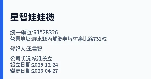 星智娃娃機的照片-統編 61528326(屏東縣) 公司登記資料與營業項目詳細圖表