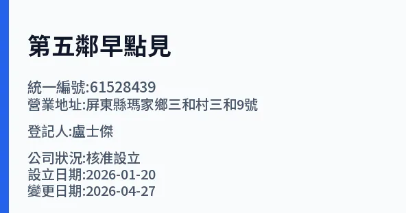 第五鄰早點見的照片-統編 61528439(屏東縣) 公司登記資料與營業項目詳細圖表