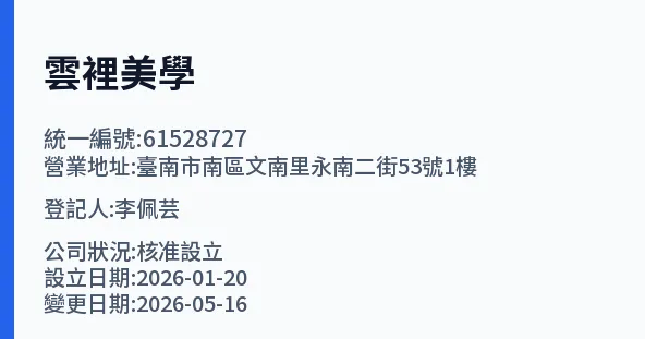 雲裡美學的照片-統編 61528727(臺南市) 公司登記資料與營業項目詳細圖表