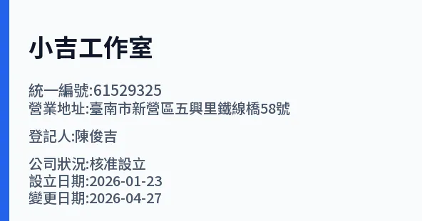 小吉工作室的照片-統編 61529325(臺南市) 公司登記資料與營業項目詳細圖表