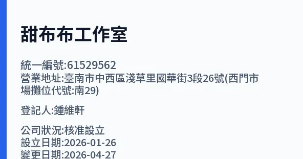 甜布布工作室的照片-統編 61529562(臺南市) 公司登記資料與營業項目詳細圖表