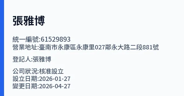張雅博的照片-統編 61529893(臺南市) 公司登記資料與營業項目詳細圖表