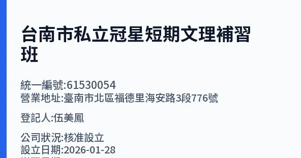 台南市私立冠星短期文理補習班的照片-統編 61530054(臺南市) 公司登記資料與營業項目詳細圖表