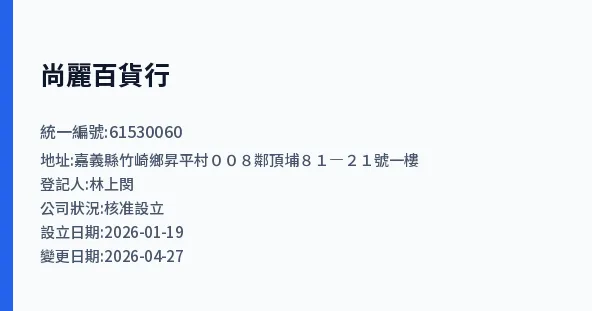 尚麗百貨行的照片-統編 61530060(嘉義縣) 公司登記資料與營業項目詳細圖表