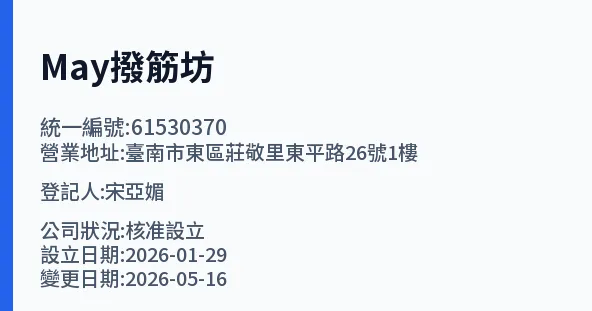 May撥筋坊的照片-統編 61530370(臺南市) 公司登記資料與營業項目詳細圖表
