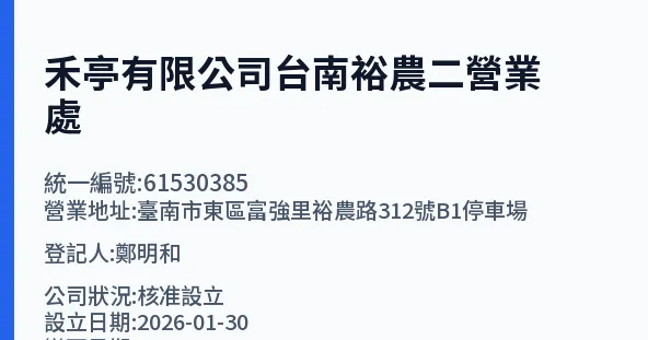 禾亭有限公司台南裕農二營業處的照片-統編 61530385(臺南市) 公司登記資料與營業項目詳細圖表