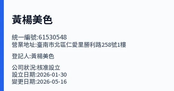 黃楊美色的照片-統編 61530548(臺南市) 公司登記資料與營業項目詳細圖表