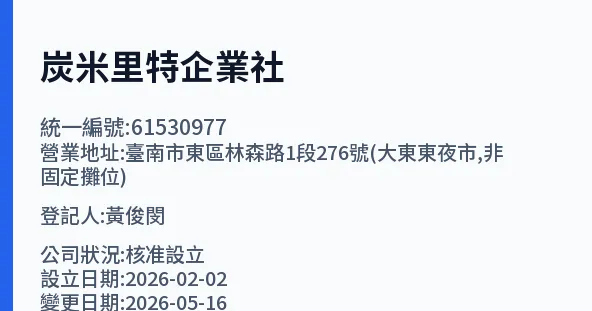 炭米里特企業社的照片-統編 61530977(臺南市) 公司登記資料與營業項目詳細圖表