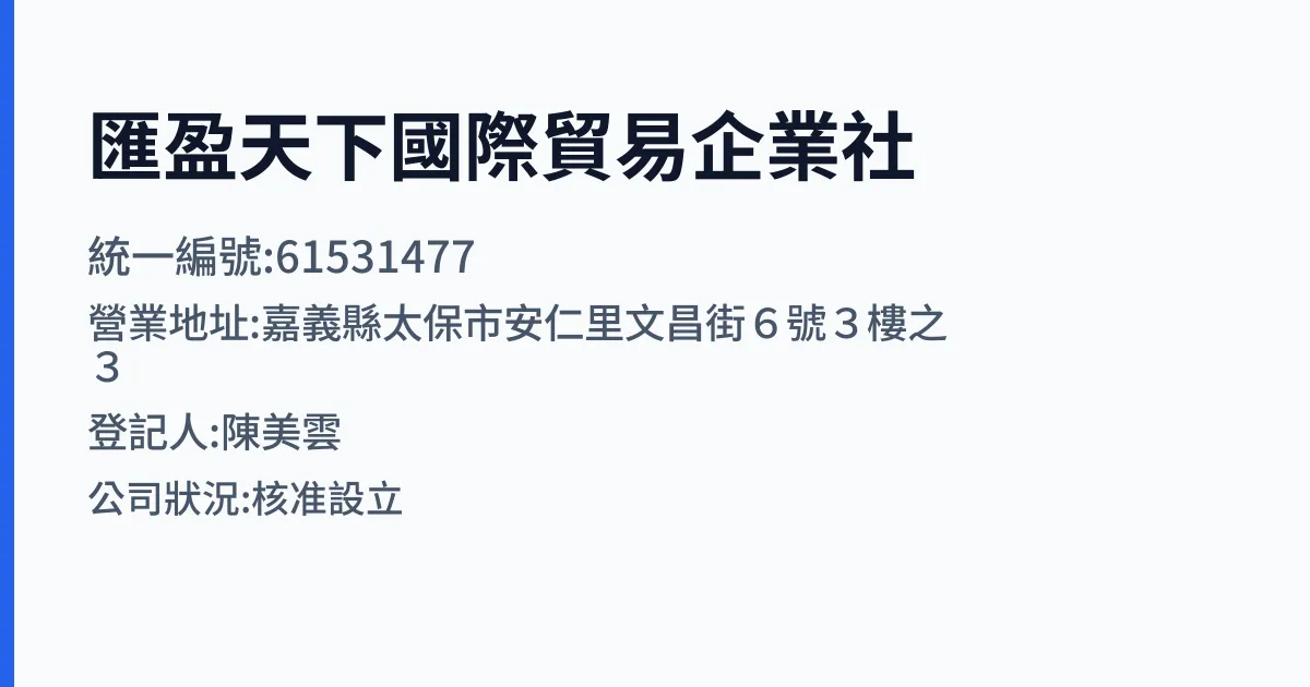匯盈天下國際貿易企業社 - 統編 61531477(嘉義縣) 公司登記資料與營業項目詳細圖表