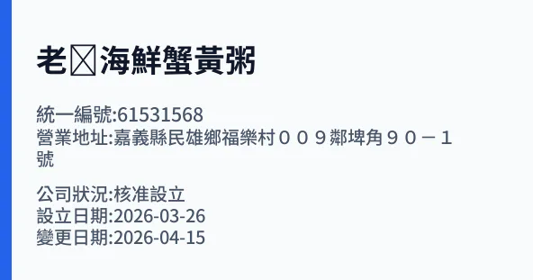 老貮海鮮蟹黃粥的照片-統編 61531568(嘉義縣) 公司登記資料與營業項目詳細圖表