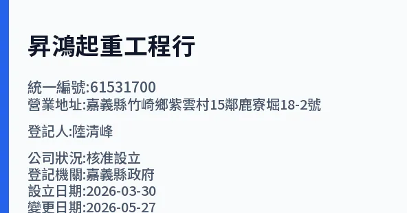 昇鴻起重工程行的照片-統編 61531700(嘉義縣) 公司登記資料與營業項目詳細圖表