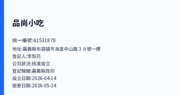 品尚小吃的照片-統編 61531878(嘉義縣) 公司登記資料與營業項目詳細圖表