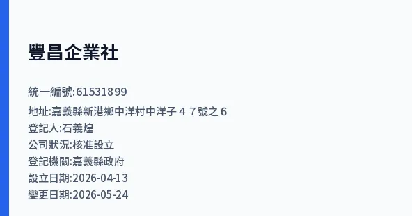 豐昌企業社的照片-統編 61531899(嘉義縣) 公司登記資料與營業項目詳細圖表