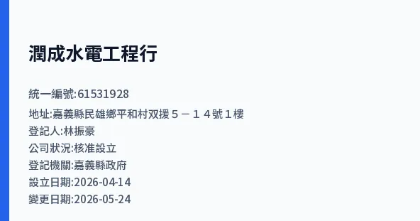 潤成水電工程行的照片-統編 61531928(嘉義縣) 公司登記資料與營業項目詳細圖表