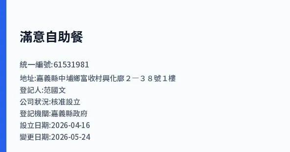 滿意自助餐的照片-統編 61531981(嘉義縣) 公司登記資料與營業項目詳細圖表