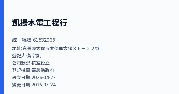 凱揚水電工程行的照片-統編 61532068(嘉義縣) 公司登記資料與營業項目詳細圖表