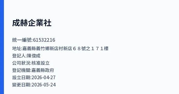 成赫企業社的照片-統編 61532216(嘉義縣) 公司登記資料與營業項目詳細圖表