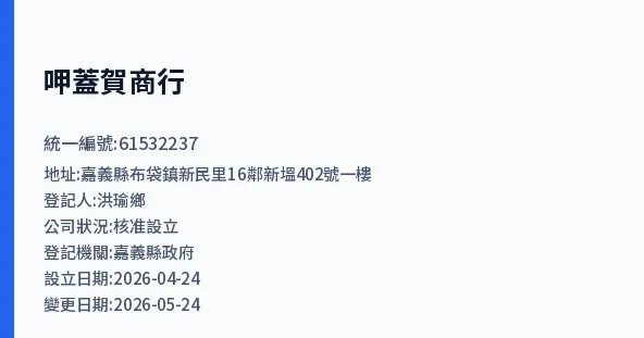 呷蓋賀商行的照片-統編 61532237(嘉義縣) 公司登記資料與營業項目詳細圖表