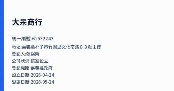 大呆商行的照片-統編 61532243(嘉義縣) 公司登記資料與營業項目詳細圖表