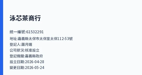 泳芯茶商行的照片-統編 61532291(嘉義縣) 公司登記資料與營業項目詳細圖表