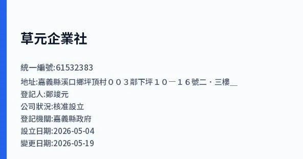 草元企業社的照片-統編 61532383(嘉義縣) 公司登記資料與營業項目詳細圖表