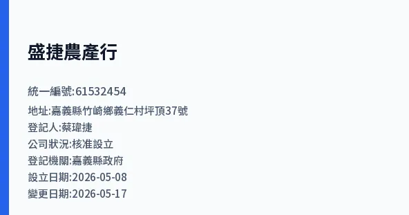 盛捷農產行的照片-統編 61532454(嘉義縣) 公司登記資料與營業項目詳細圖表