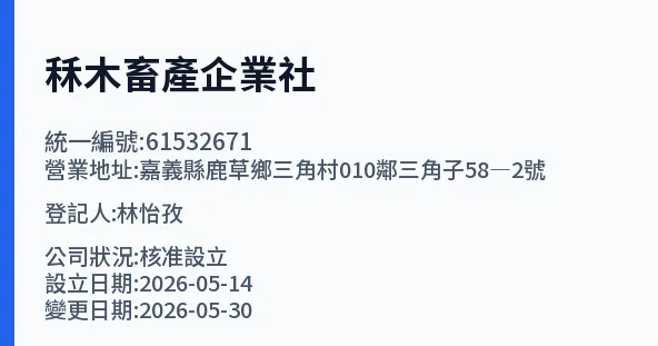 秝木畜產企業社的照片-統編 61532671(嘉義縣) 公司登記資料與營業項目詳細圖表