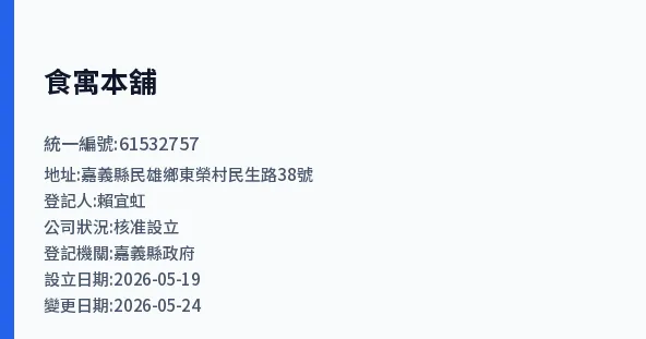 食寓本舖的照片-統編 61532757(嘉義縣) 公司登記資料與營業項目詳細圖表