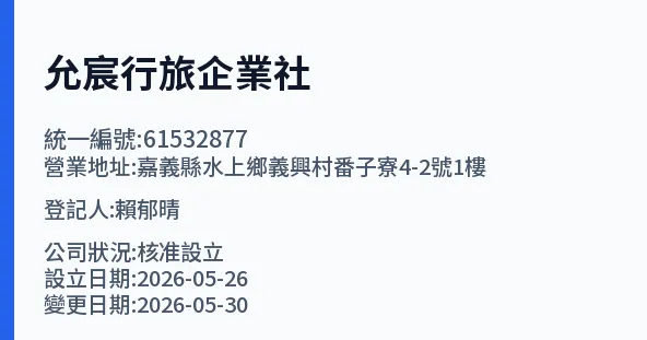 允宸行旅企業社的照片-統編 61532877(嘉義縣) 公司登記資料與營業項目詳細圖表