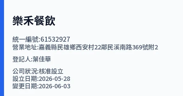 樂禾餐飲的照片-統編 61532927(嘉義縣) 公司登記資料與營業項目詳細圖表