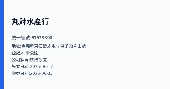 丸財水產行的照片-統編 61533398(嘉義縣) 公司登記資料與營業項目詳細圖表