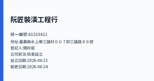 阮匠裝潢工程行的照片-統編 61533411(嘉義縣) 公司登記資料與營業項目詳細圖表