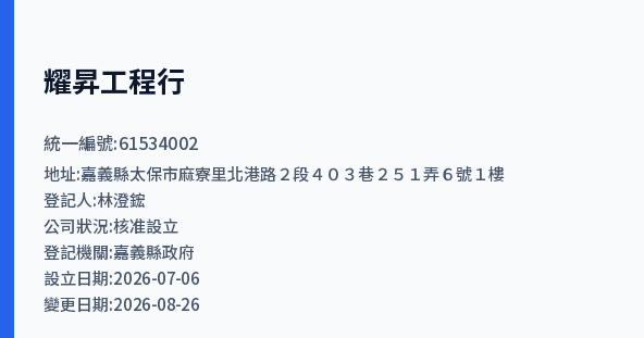 耀昇工程行的照片-統編 61534002 公司登記資料與營業項目詳細圖表