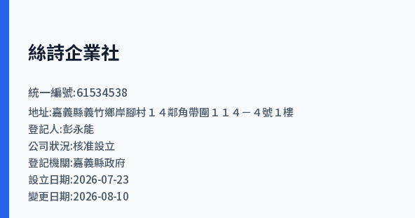 絲詩企業社的照片-統編 61534538(嘉義縣) 公司登記資料與營業項目詳細圖表