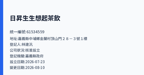 日昇生生想起茶飲的照片-統編 61534559(嘉義縣) 公司登記資料與營業項目詳細圖表