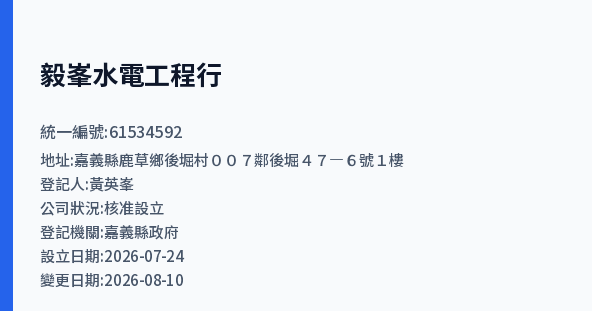毅峯水電工程行的照片-統編 61534592(嘉義縣) 公司登記資料與營業項目詳細圖表