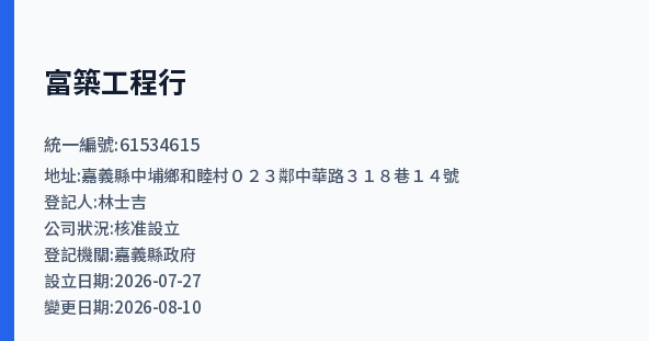 富築工程行的照片-統編 61534615(嘉義縣) 公司登記資料與營業項目詳細圖表