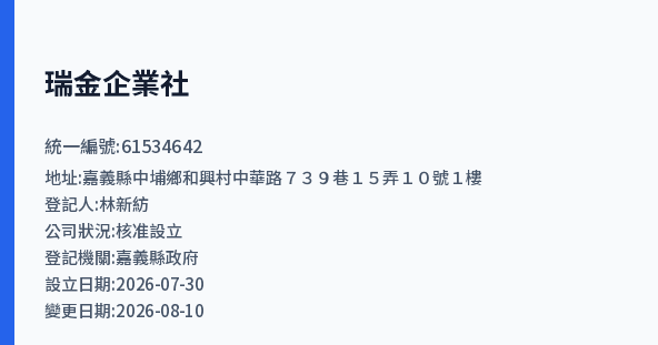 瑞金企業社的照片-統編 61534642(嘉義縣) 公司登記資料與營業項目詳細圖表
