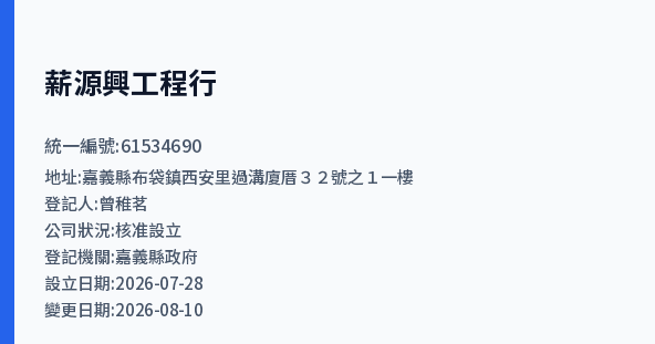薪源興工程行的照片-統編 61534690(嘉義縣) 公司登記資料與營業項目詳細圖表