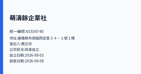萌濤餘企業社的照片-統編 61534740(嘉義縣) 公司登記資料與營業項目詳細圖表