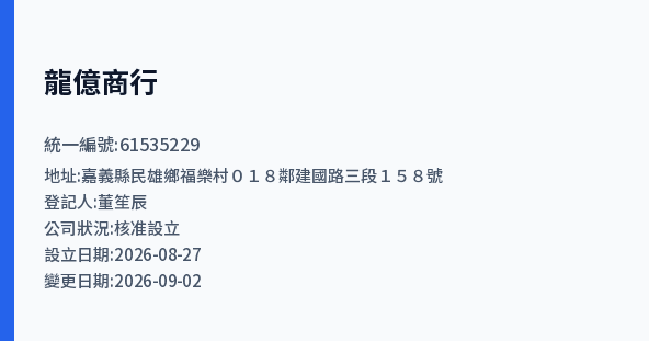 龍億商行的照片-統編 61535229(嘉義縣) 公司登記資料與營業項目詳細圖表