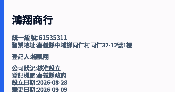 鴻翔商行的照片-統編 61535311(嘉義縣) 公司登記資料與營業項目詳細圖表