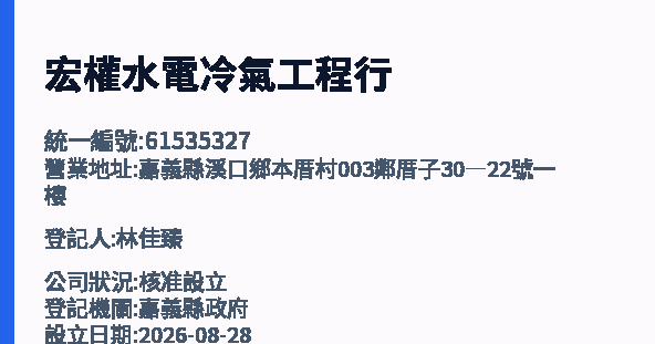 宏權水電冷氣工程行的照片-統編 61535327(嘉義縣) 公司登記資料與營業項目詳細圖表