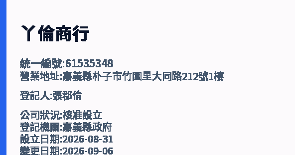 丫倫商行的照片-統編 61535348(嘉義縣) 公司登記資料與營業項目詳細圖表