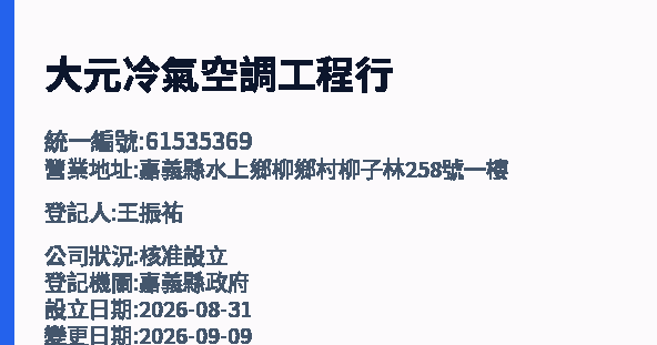 大元冷氣空調工程行的照片-統編 61535369(嘉義縣) 公司登記資料與營業項目詳細圖表