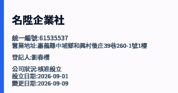 名陞企業社的照片-統編 61535537(嘉義縣) 公司登記資料與營業項目詳細圖表