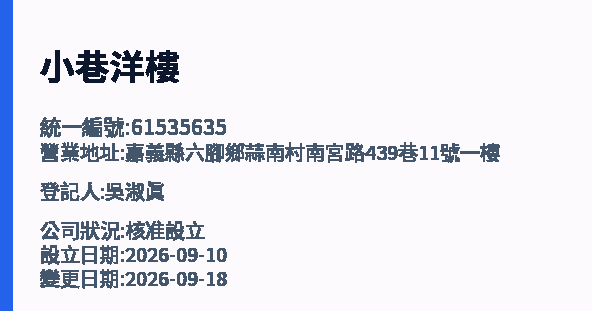 小巷洋樓的照片-統編 61535635(嘉義縣) 公司登記資料與營業項目詳細圖表