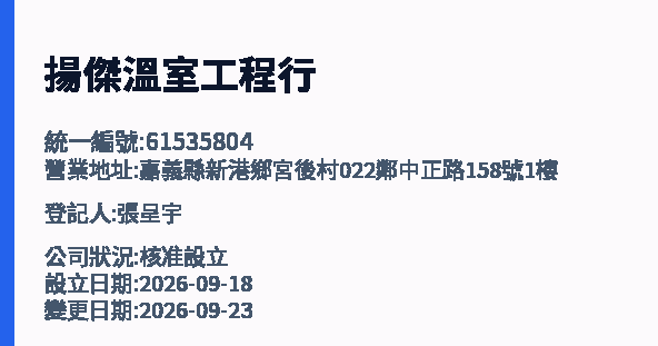 揚傑溫室工程行的照片-統編 61535804(嘉義縣) 公司登記資料與營業項目詳細圖表