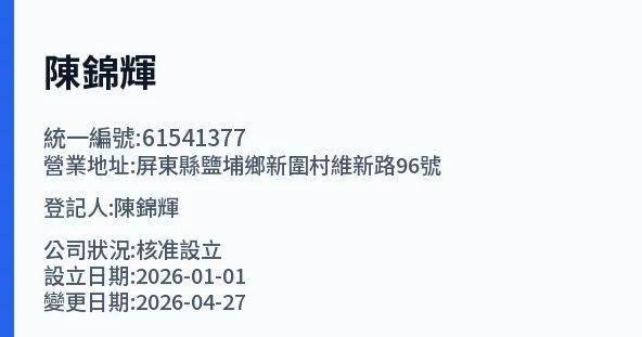 陳錦輝的照片-統編 61541377(屏東縣) 公司登記資料與營業項目詳細圖表
