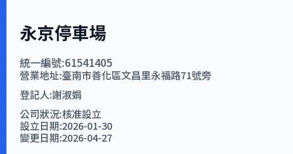 永京停車場的照片-統編 61541405(臺南市) 公司登記資料與營業項目詳細圖表